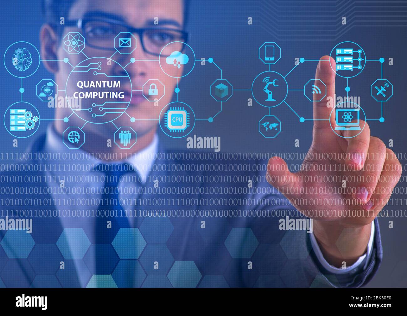 The businessman pressing virtual button in quantum computing concept ...
