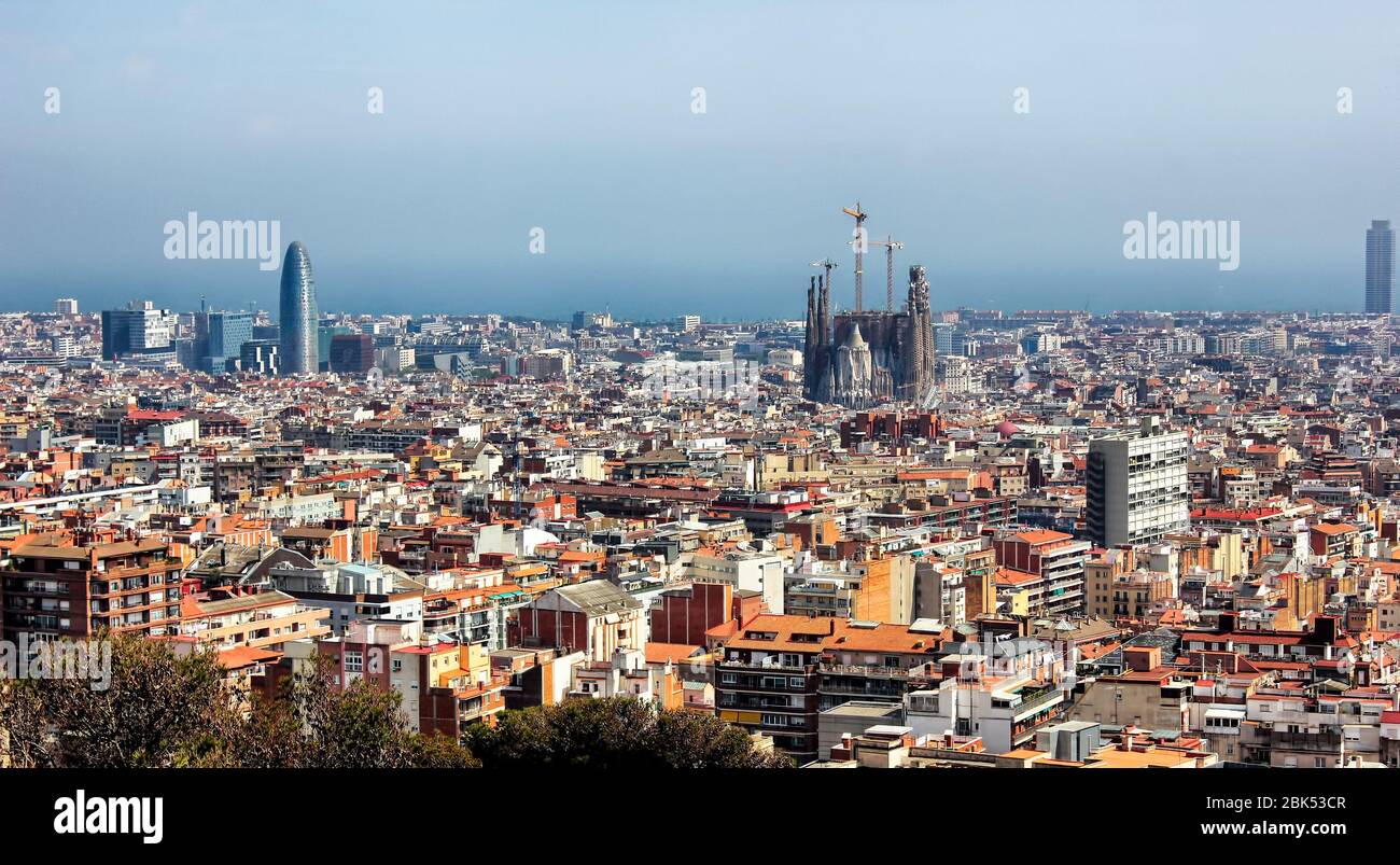 A panoramic view of Barcelona city, Catalonia, Spain. La Sagrada ...
