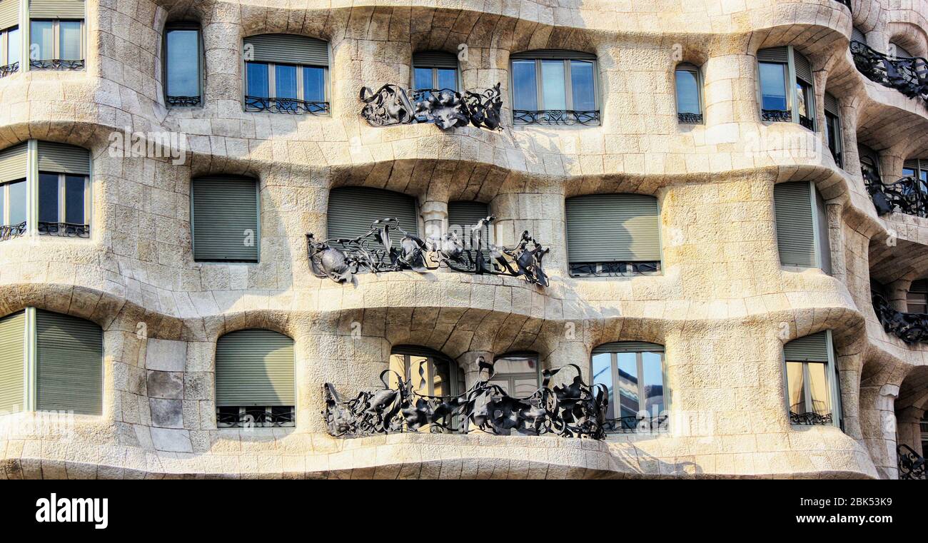 Casa Mila building facade detail, Barcelona, Spain, Catalonia ...
