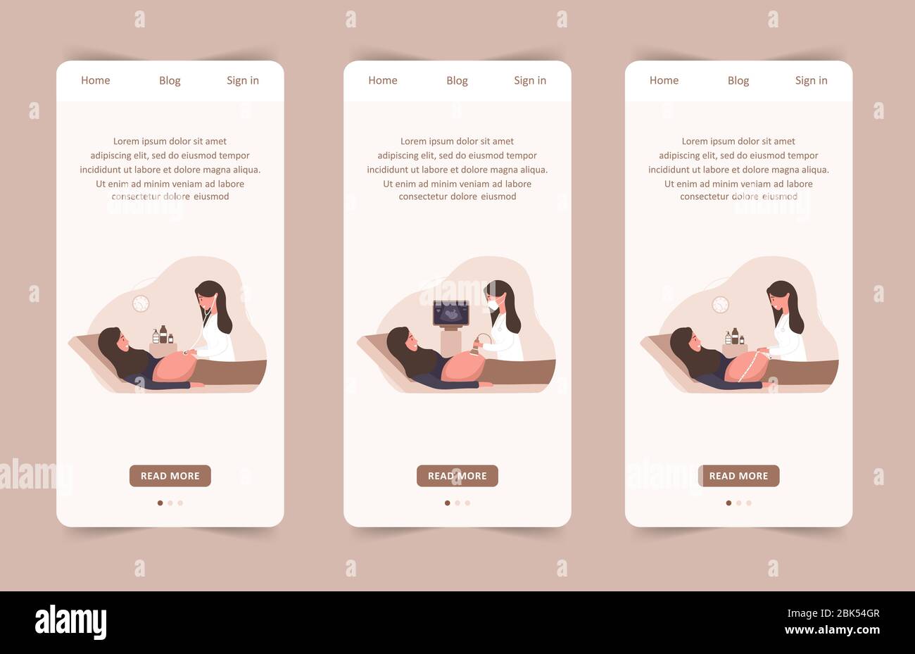 Set of landing page template. Female doctor scanning arab mother ...