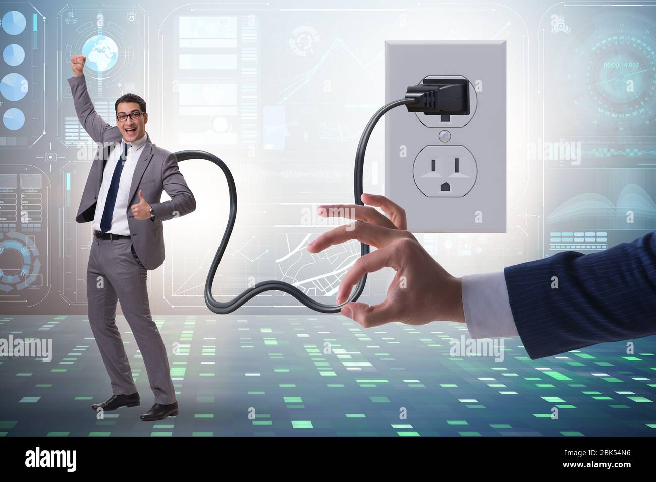The businessman being powered by electricity and plug Stock Photo - Alamy