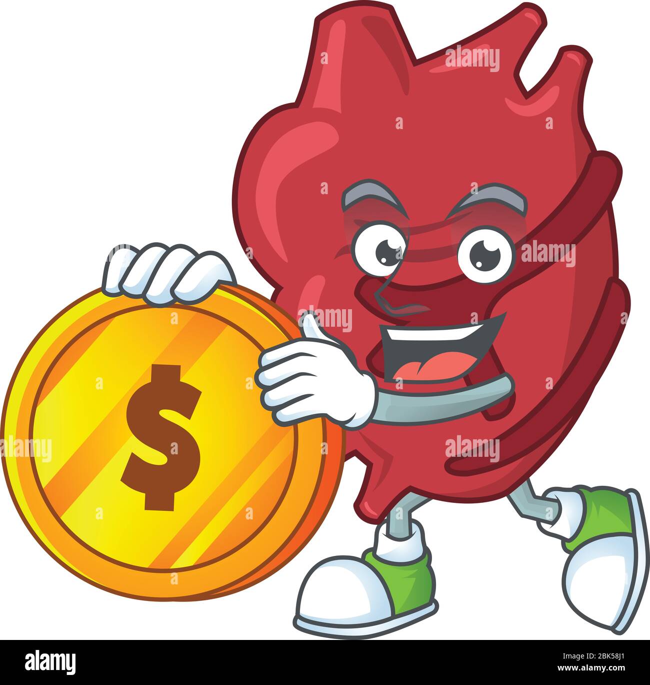 Heart rich cartoon character have big gold coin. Vector illustration ...