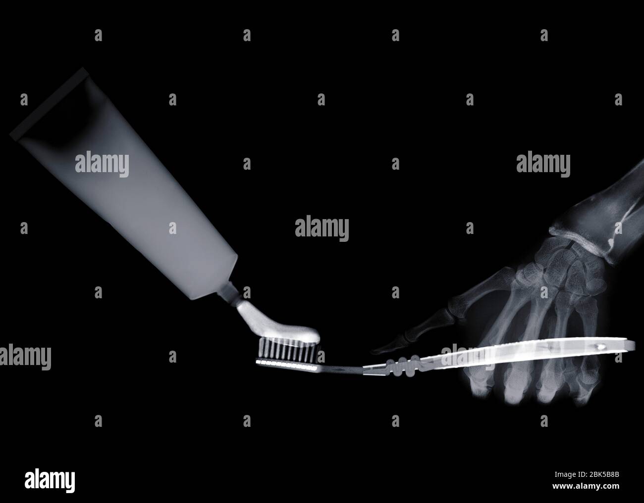 Hand holding toothpaste and toothbrush, X-ray Stock Photo - Alamy