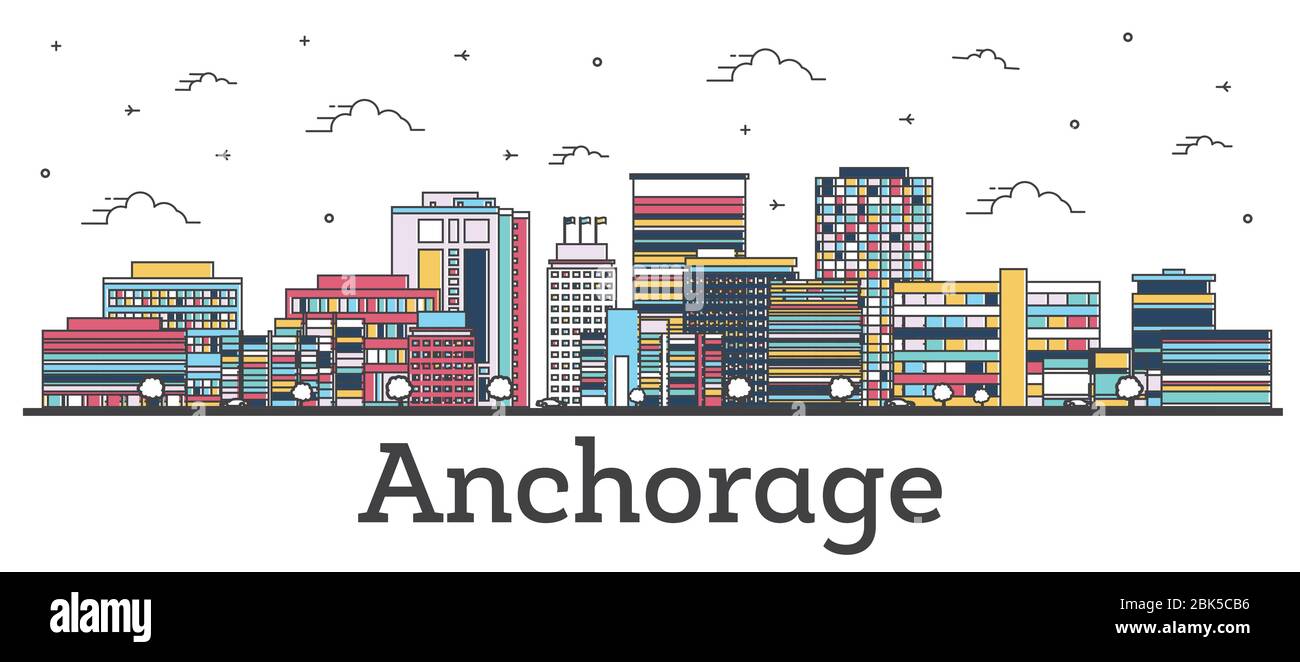 Outline Anchorage Alaska City Skyline with Color Buildings Isolated on ...