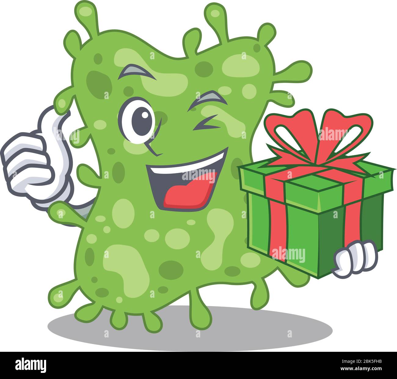Smiling salmonella enterica cartoon character having a green gift box ...