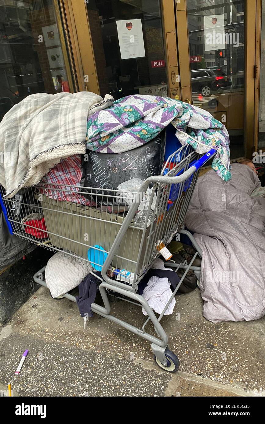 New York, NY, USA. 1st May, 2020. Homeless Woman surrounded by empty ...