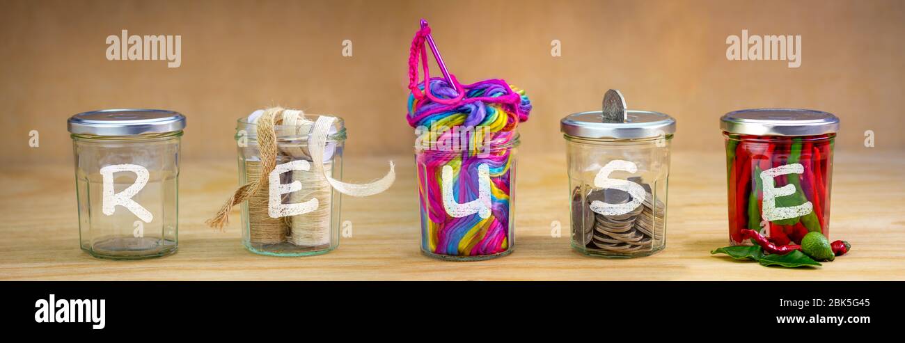 Recycled jars reused for different contents with reuse text, recycling ...