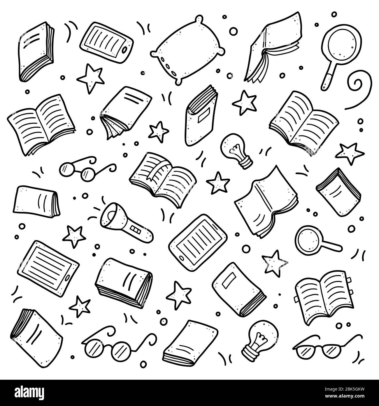 Hand drawn set of book doodle elements, e-book, lamp, education symbols ...