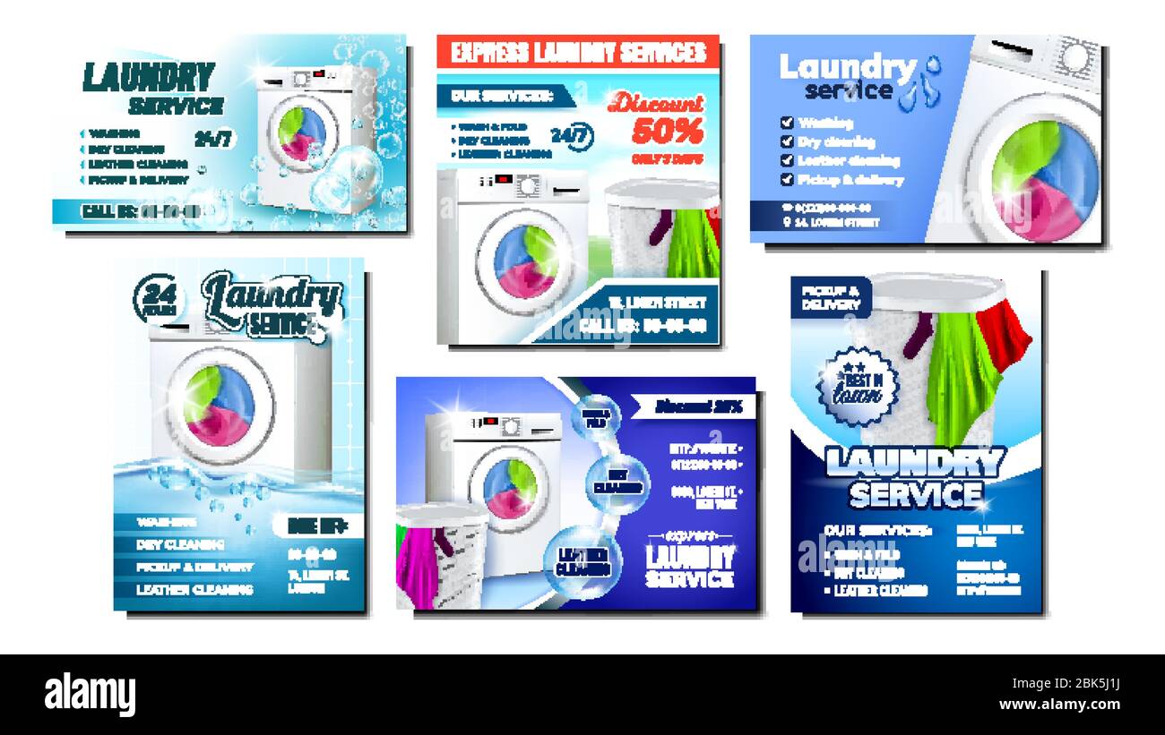 Laundry Services Advertising Posters Set Vector Stock Vector Image ...