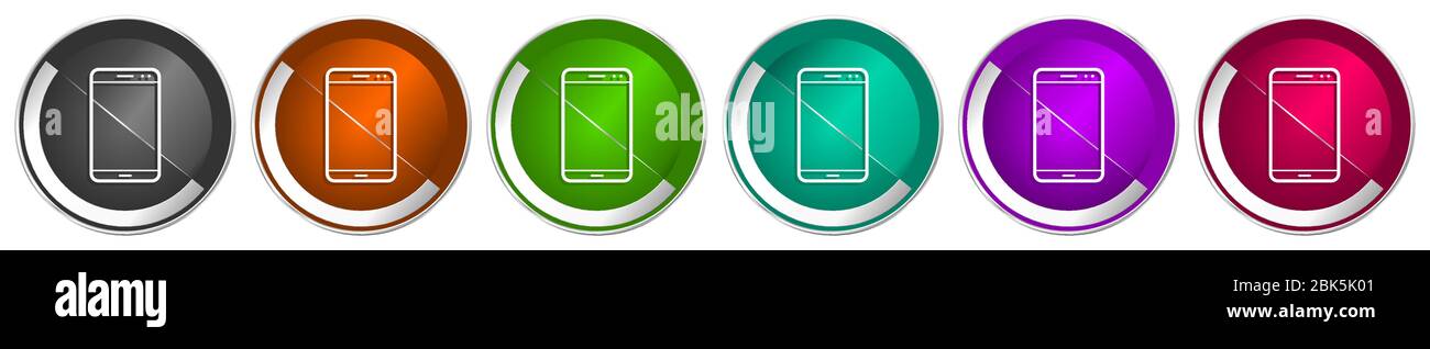 Smartphone icon set, mobile phone silver metallic chrome border vector ...