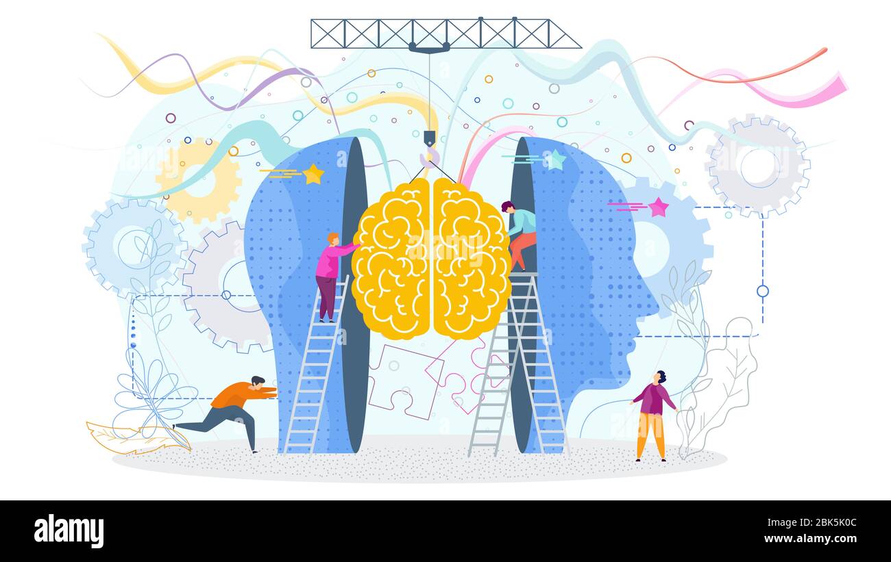 Success knowledge concept. Tiny people insert a brain into a human head ...