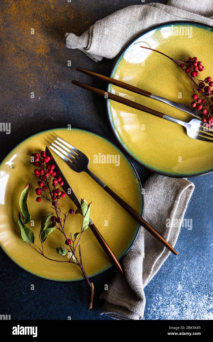 Autumnal table setting with dried wild red berries on stone background ...