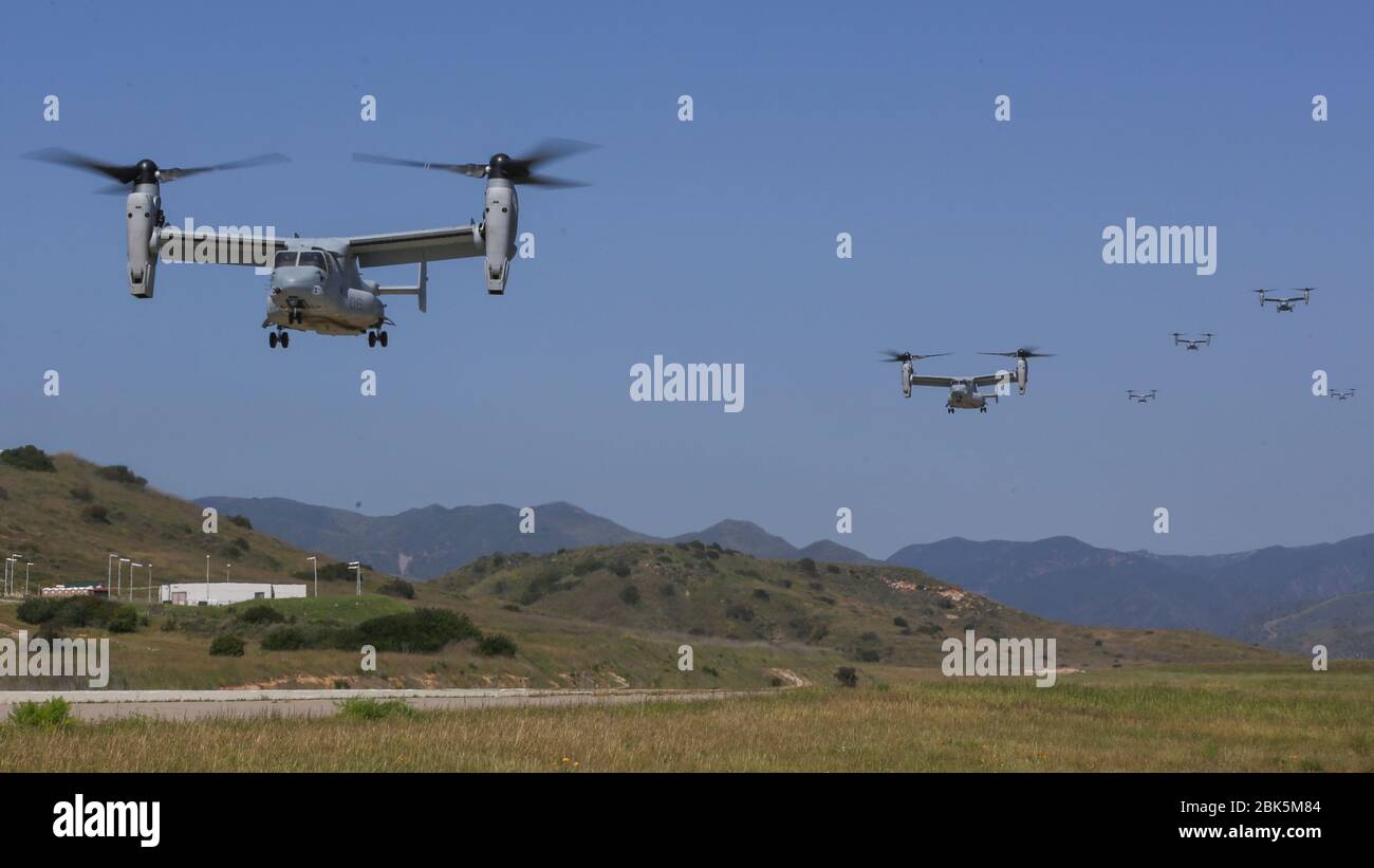 Six U.S. Marine Corps MV-22B Ospreys assigned to Marine Medium Tiltrotor Squadron (VMM) 362 ...