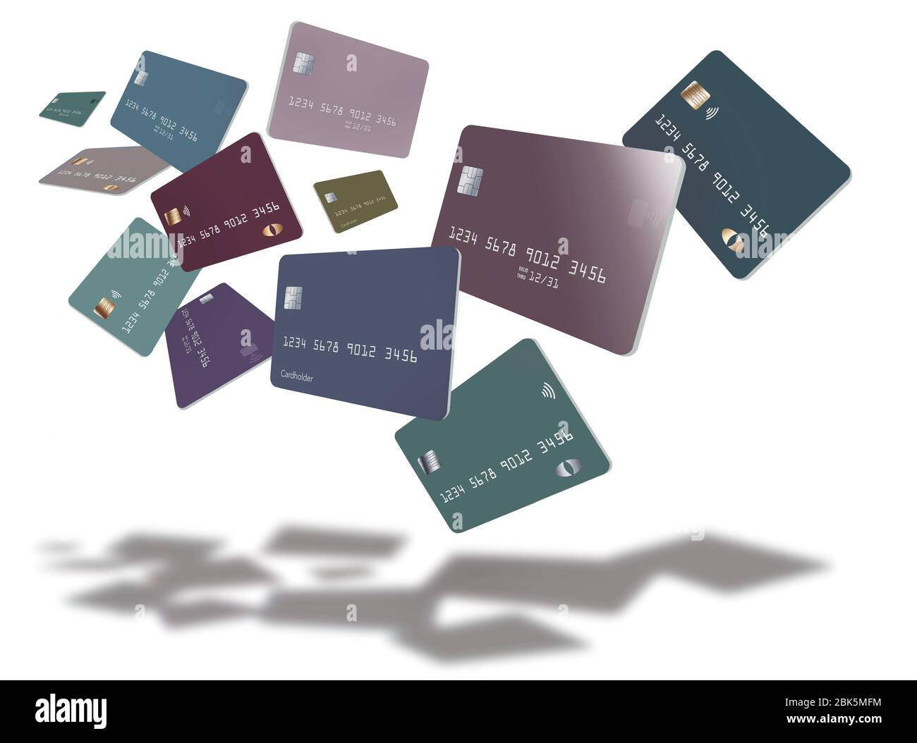 A dozen credit cards, or debit cards, are seen flying and floating ...