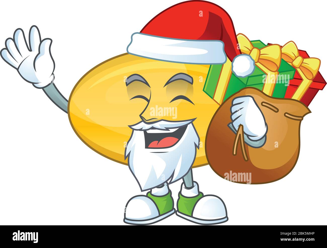 Santa oil capsule Cartoon character design with sacks of gifts. Vector ...