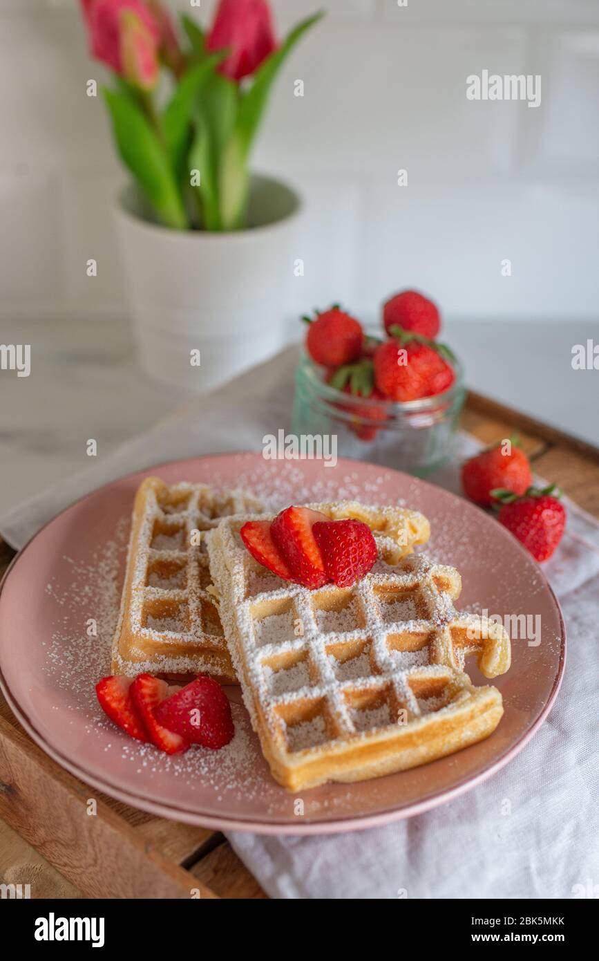 home made sweet Belgian waffles with strawberries Stock Photo - Alamy