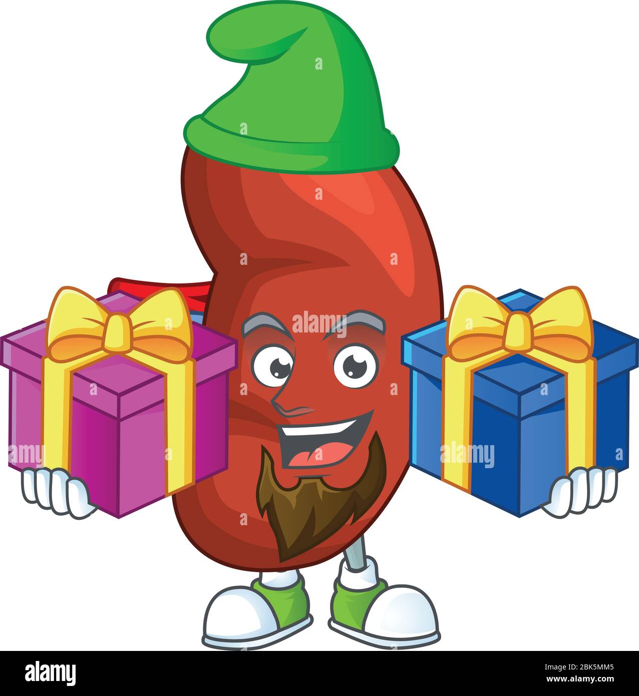 A smiling right human kidney cartoon design having Christmas gifts ...