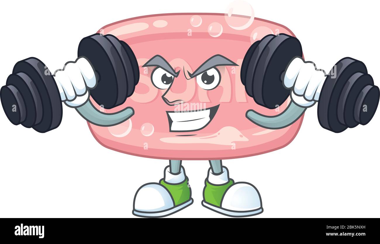 Fitness exercise pink soap cartoon character using barbells. Vector ...