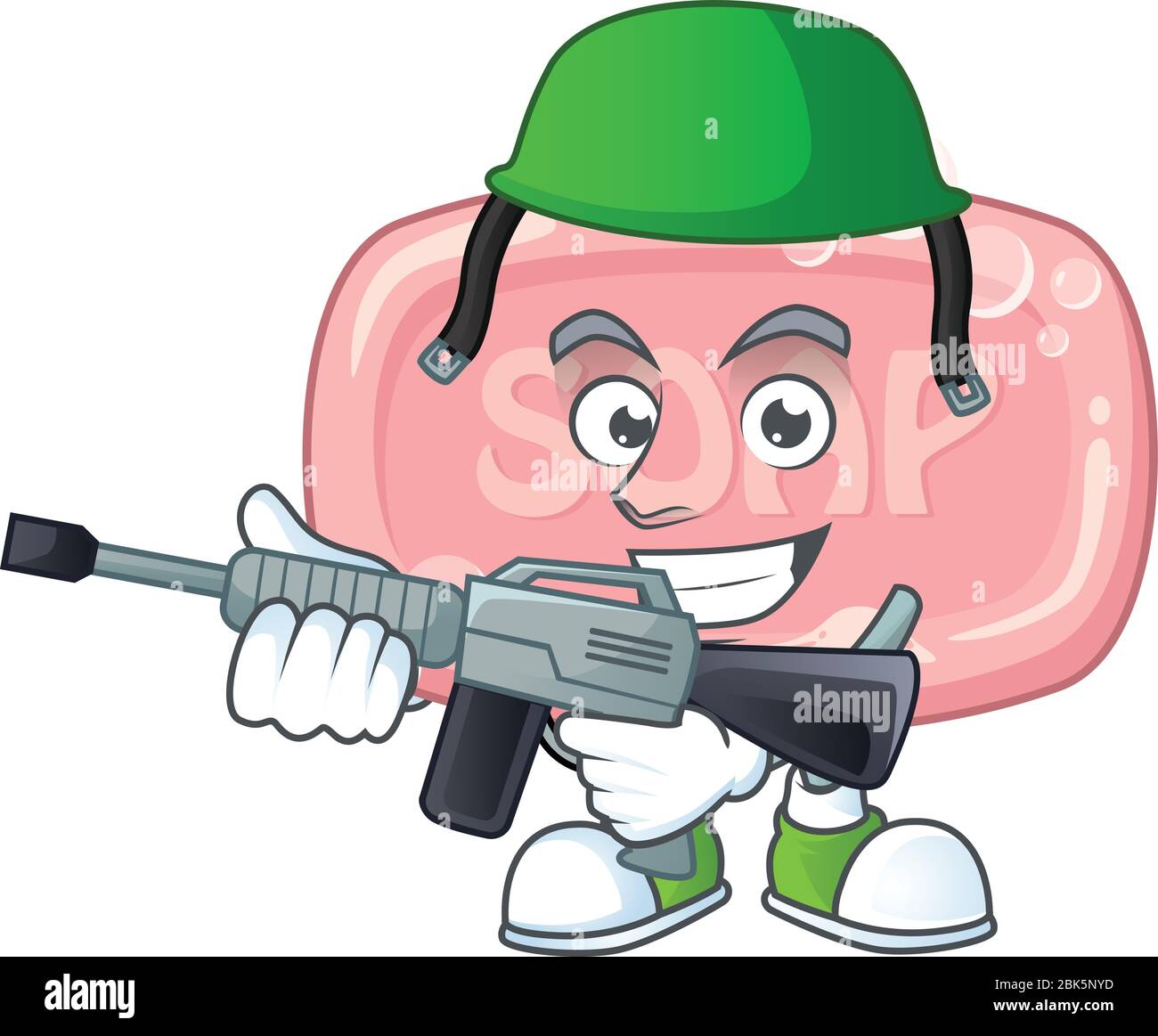 An elegant pink soap Army mascot design style using automatic gun ...