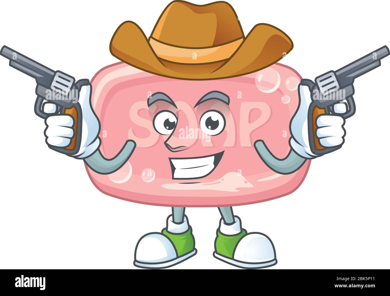 A cowboy cartoon character of pink soap holding guns. Vector ...