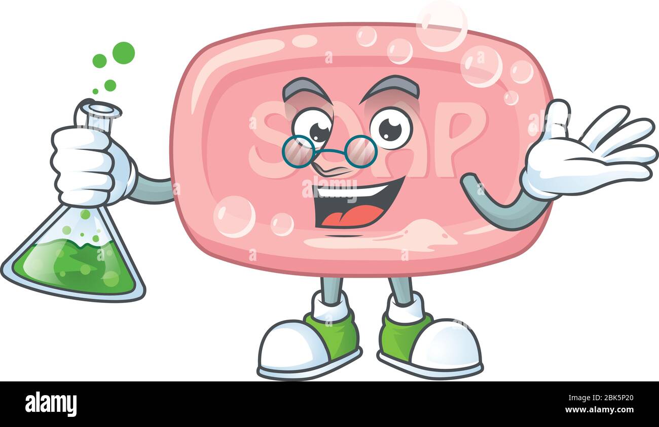 Pink soap genius Professor Cartoon character holding glass tube. Vector ...