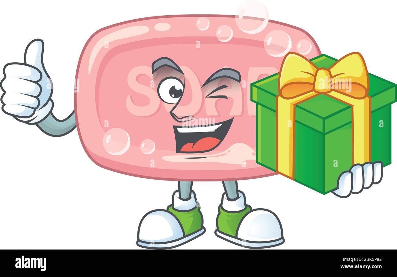 Smiley pink soap cartoon character holding a gift box. Vector ...