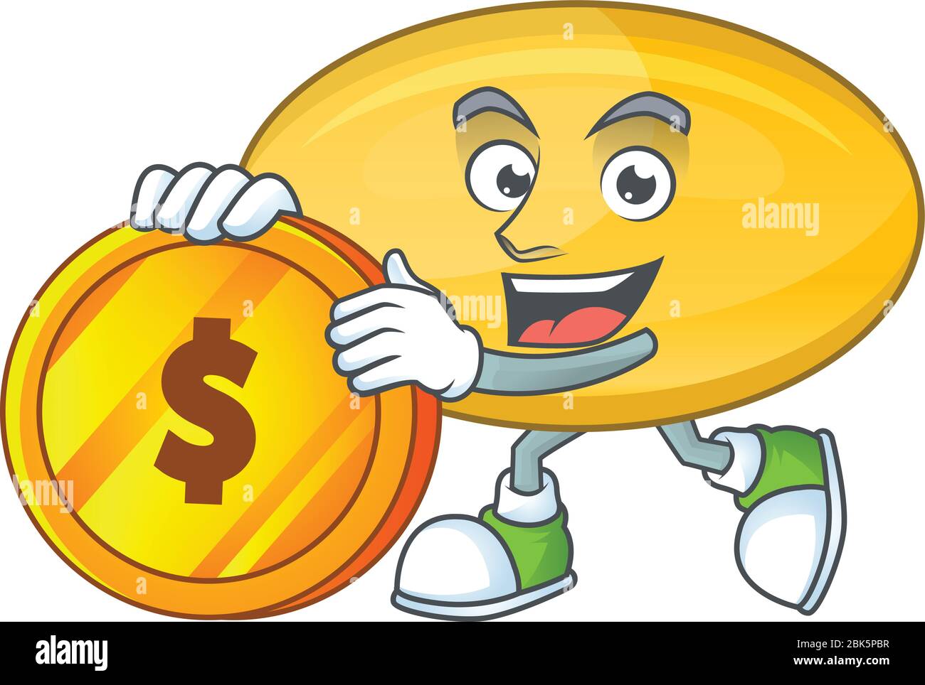 Oil capsule rich cartoon character have big gold coin. Vector ...