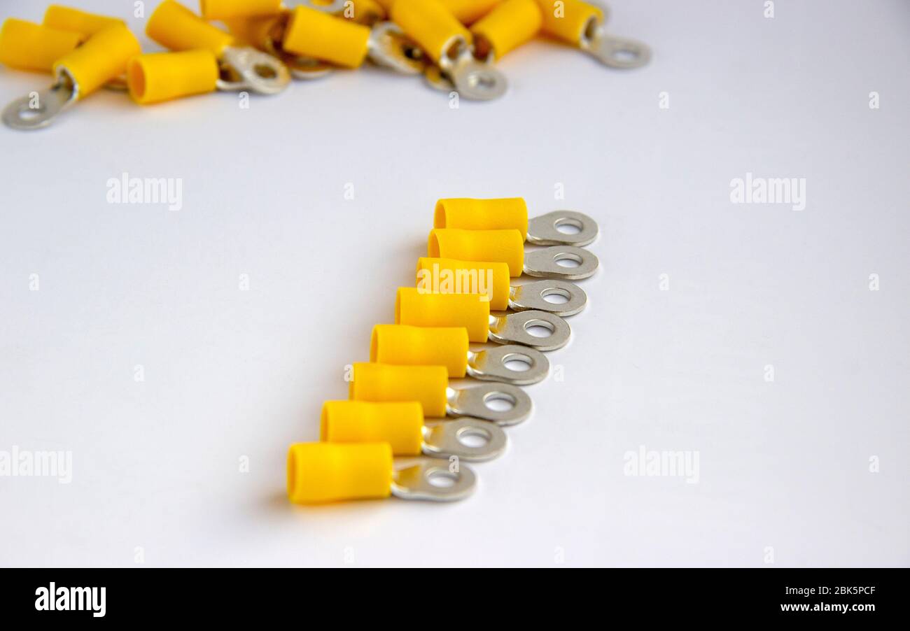 electrical crimp terminal connector. metal terminals isolated on white ...