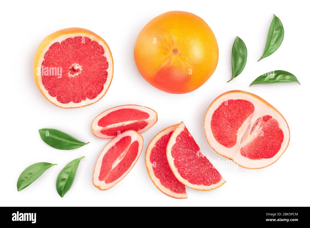 Grapefruit and slices with leaves isolated on white background. Top ...