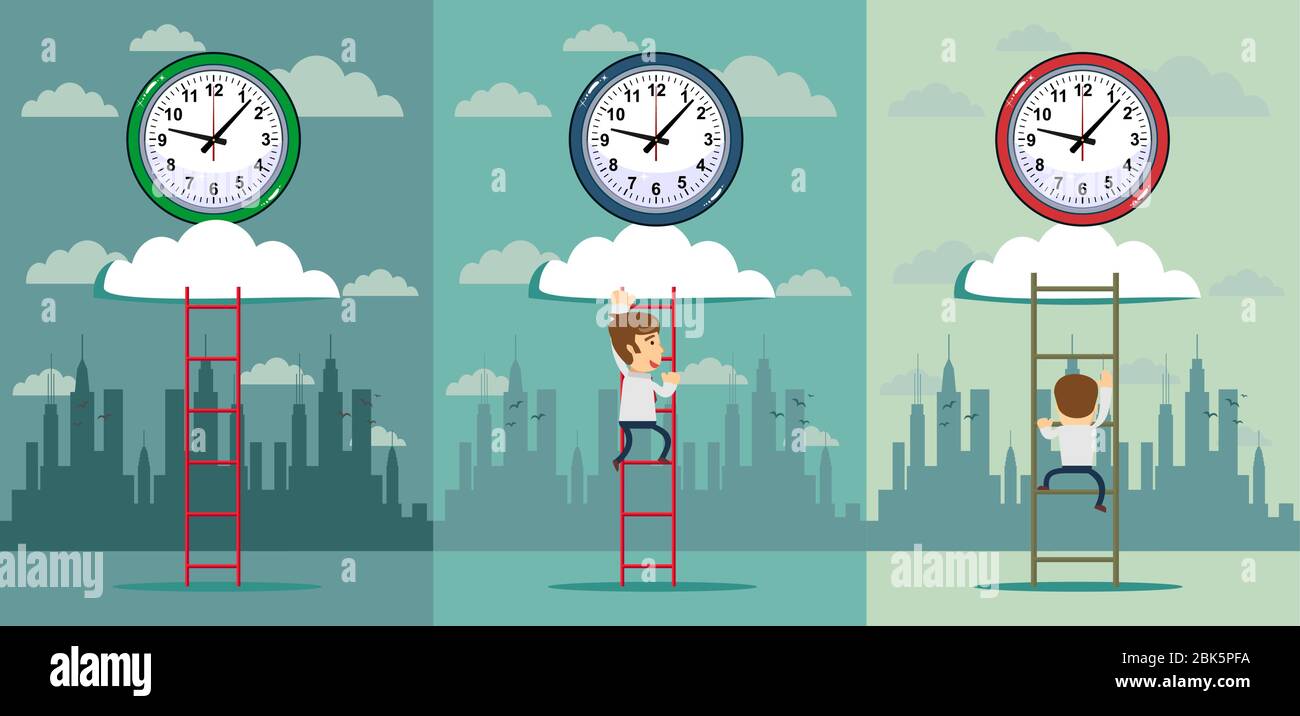 concept of clock time symbol icon on cloud with wooden ladder and man ...