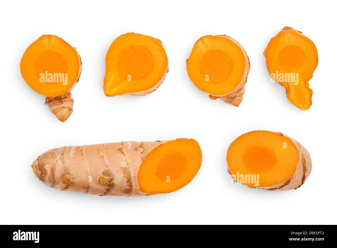 turmeric root and slices isolated on white background. Top view. Flat ...