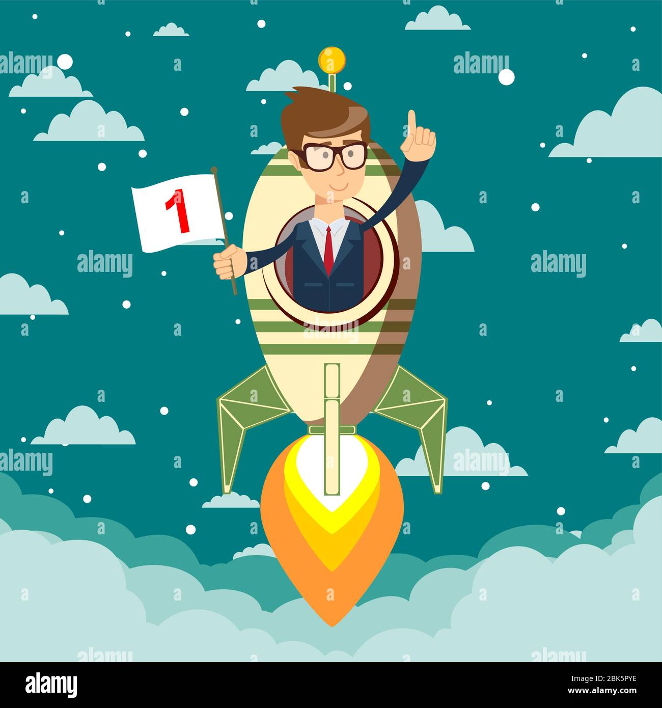 Happy businessman holding number one flag in rocket ship flying through ...