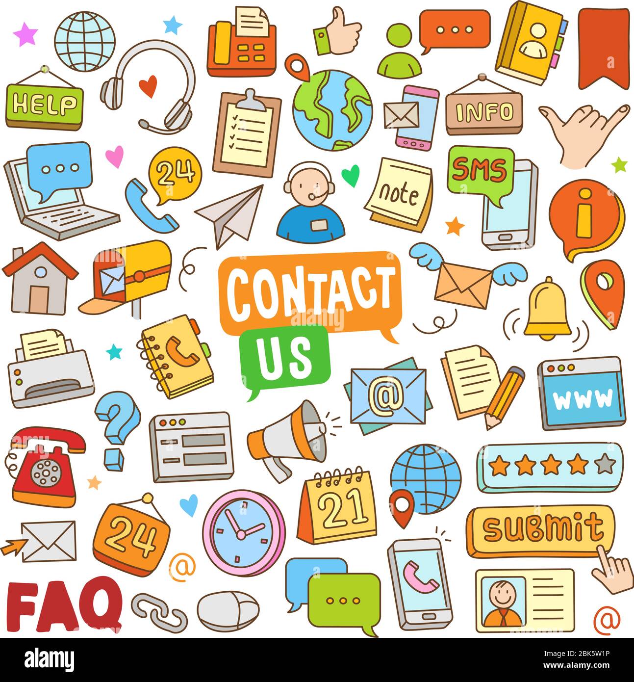 Set of contact vector cartoon illustration elements. Various objects of ...