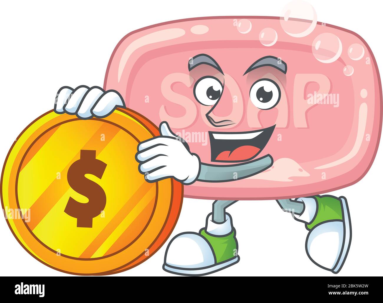 Pink soap rich cartoon character have big gold coin. Vector ...