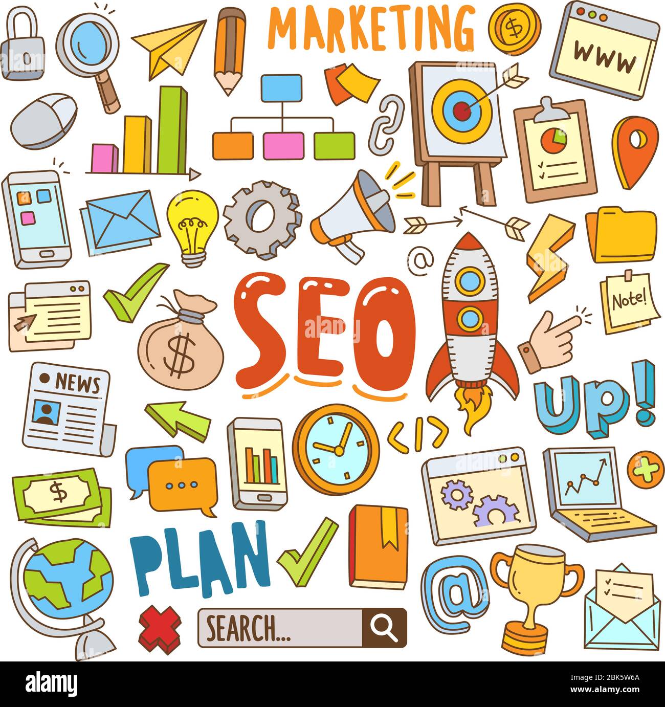 Set of SEO vector cartoon illustration elements. Various objects of ...