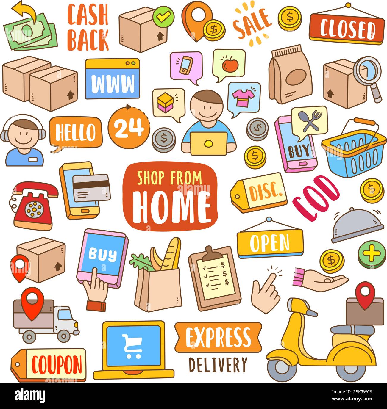 Set of shop from home vector cartoon illustration elements. Various ...