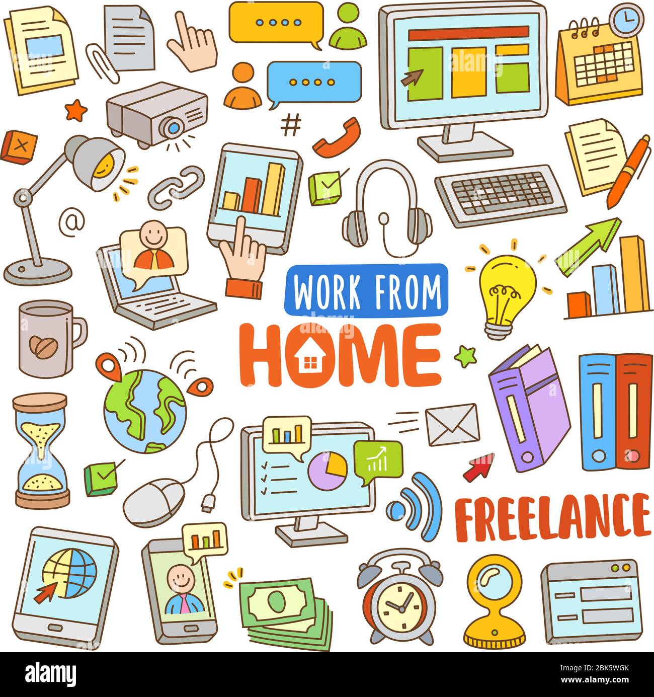 Set of work from home vector cartoon illustration elements. Various ...
