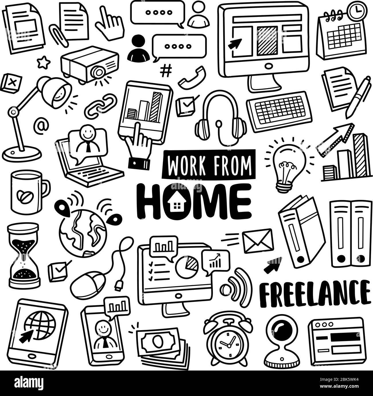 Set of vector doodle element related to work from home. Set of hand ...