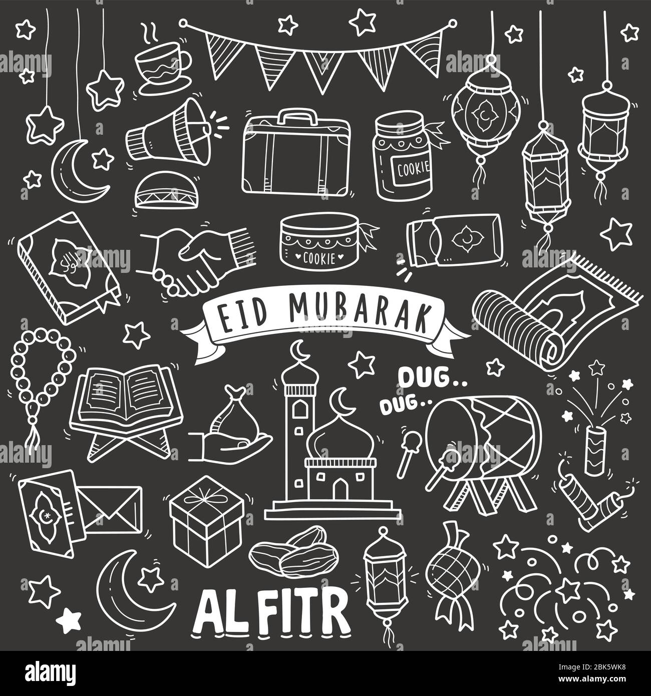 Set of eid mubarak vector doodle element. Various types of hand-drawn ...