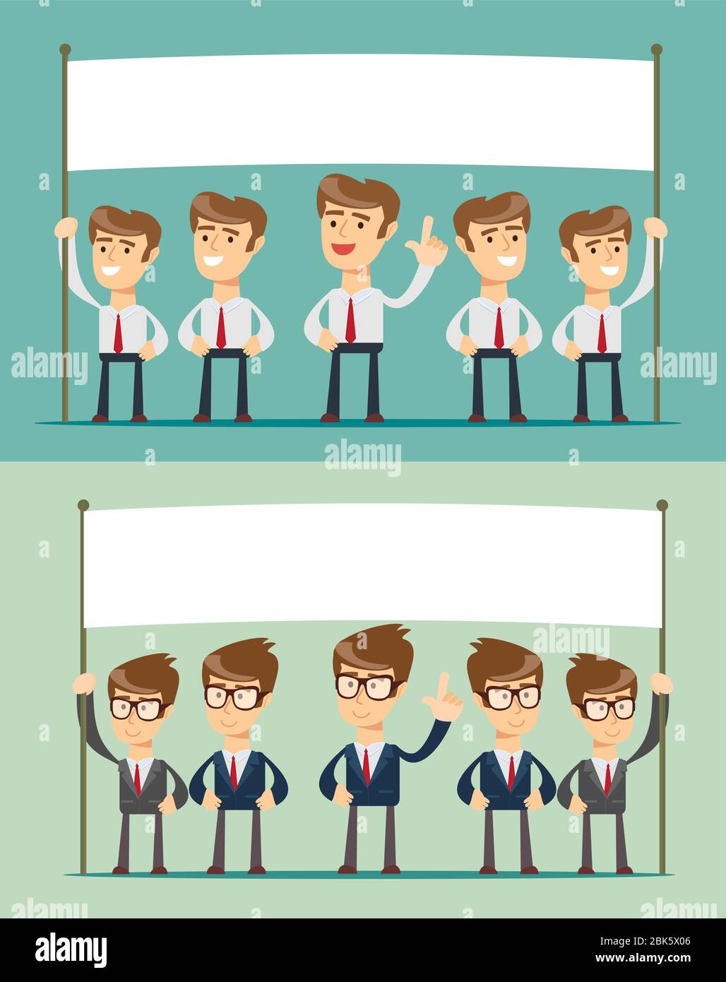 happy business team with a banner isolated vector cartoon illustration ...