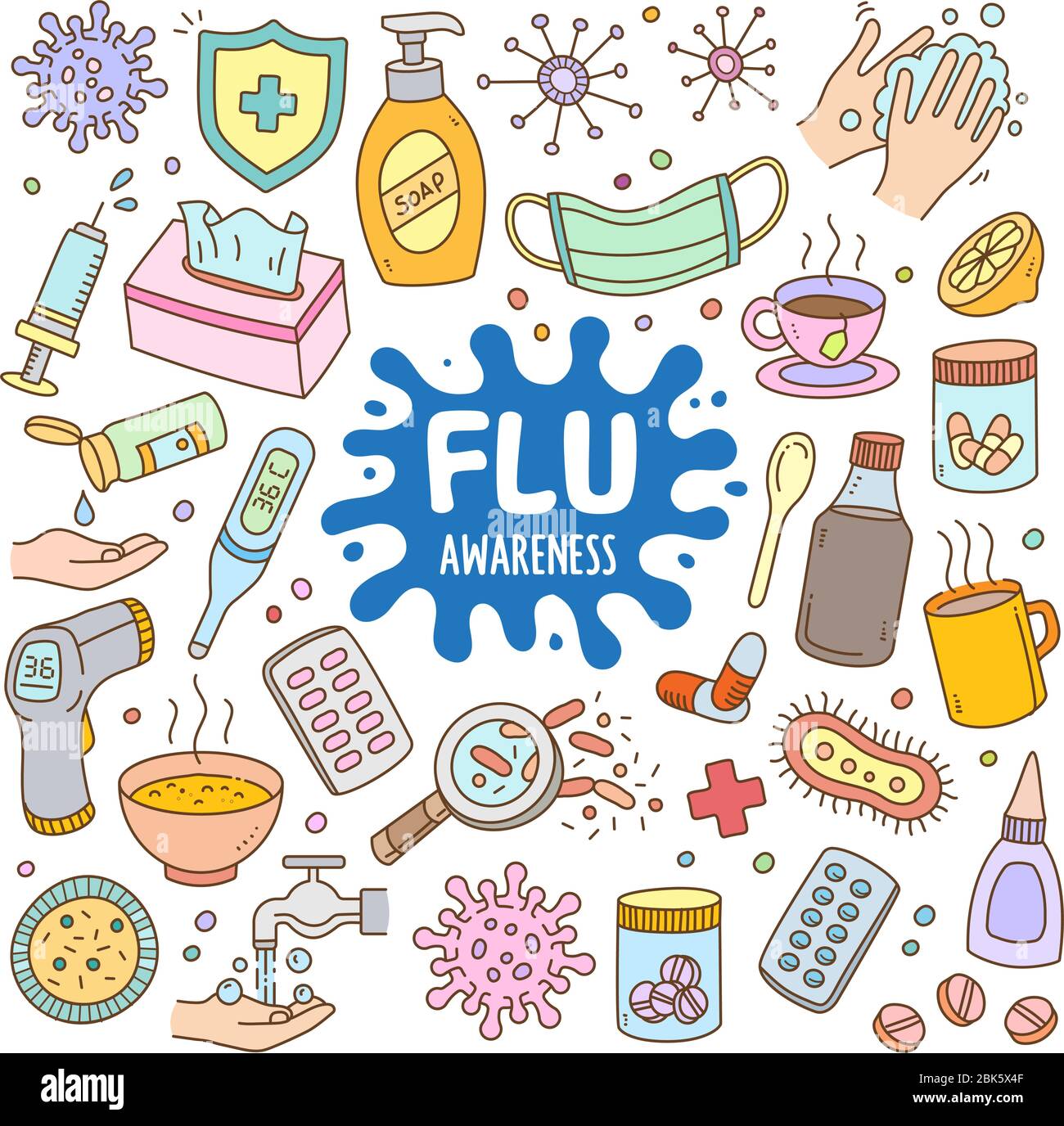 Set of flu awareness vector cartoon illustration elements. Various ...
