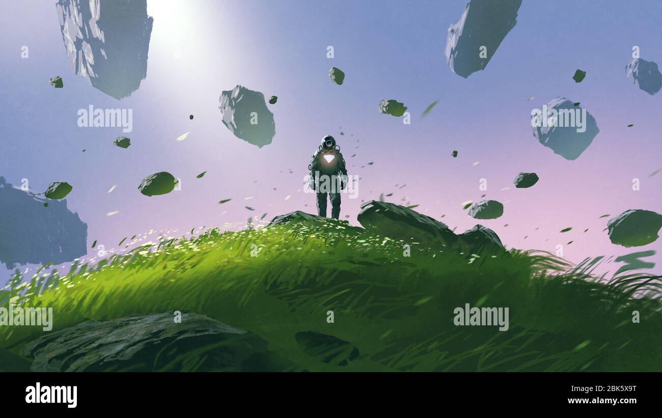 a spaceman standing on a hill surrounded by floating rocks, digital art ...