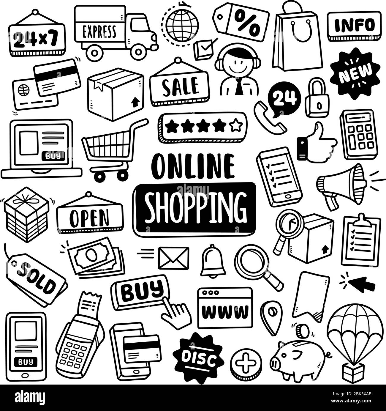 Set of vector doodle element related to online shopping. Collection of hand drawn online ...
