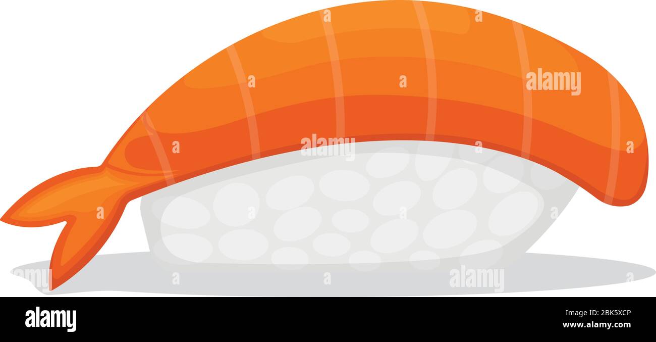 Piece sushi with shrimp and rice, fresh fish isolated on white, cartoon ...