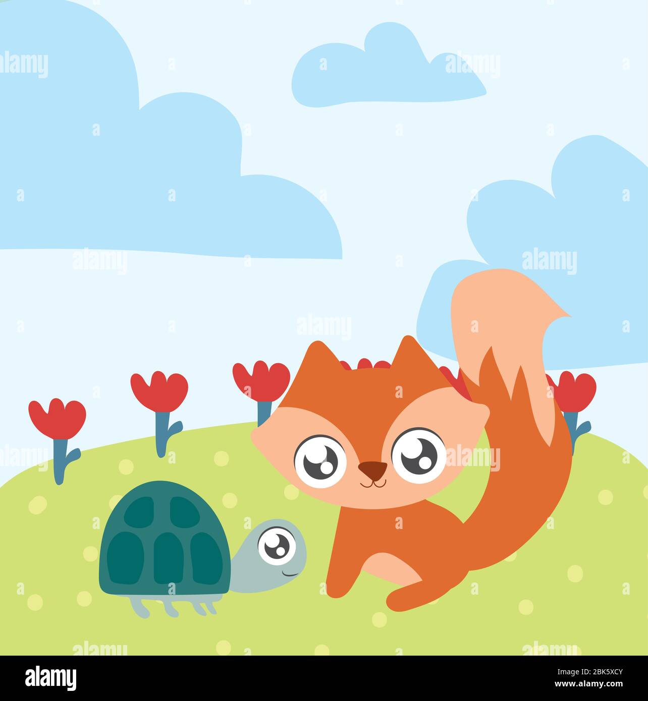 fox and turtle, animals in kawaii style vector illustration design ...