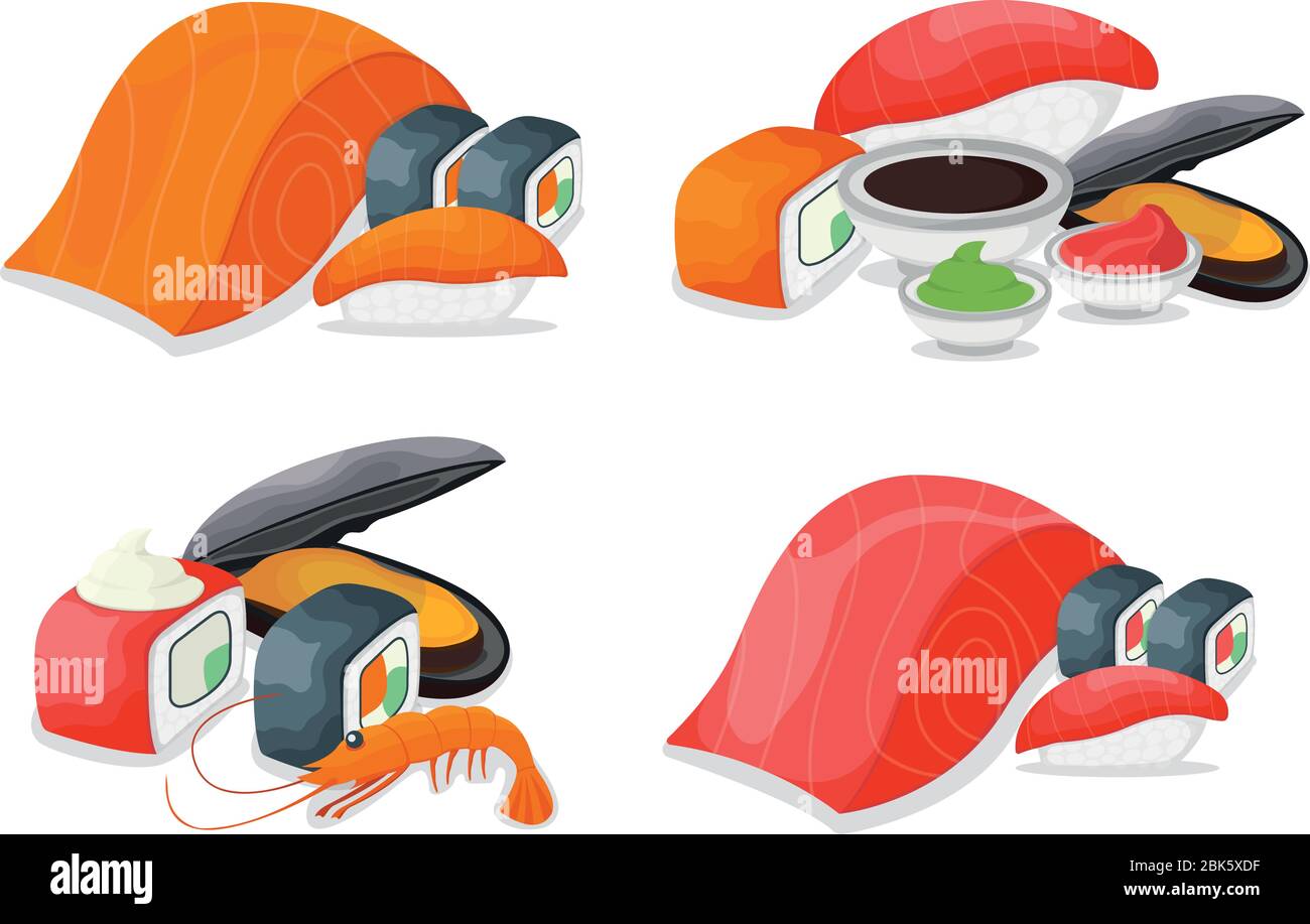 Set of piece fish salmon steak , fresh tuna minnow, ocean mussel and ...