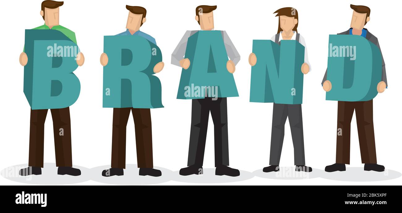 A group of businesspeople holding giant alphabet to form the word Brand ...