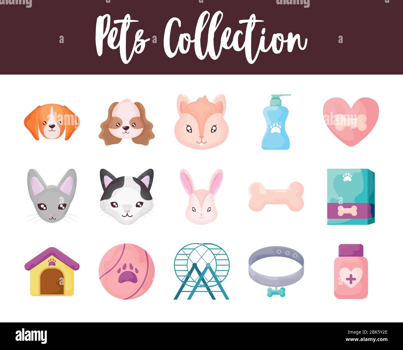 set of icons with domestic animals and accessories vector illustration ...