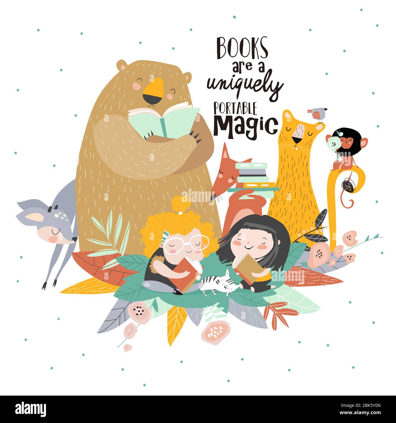 Little girls reading book with cartoon animal Stock Vector Image & Art ...