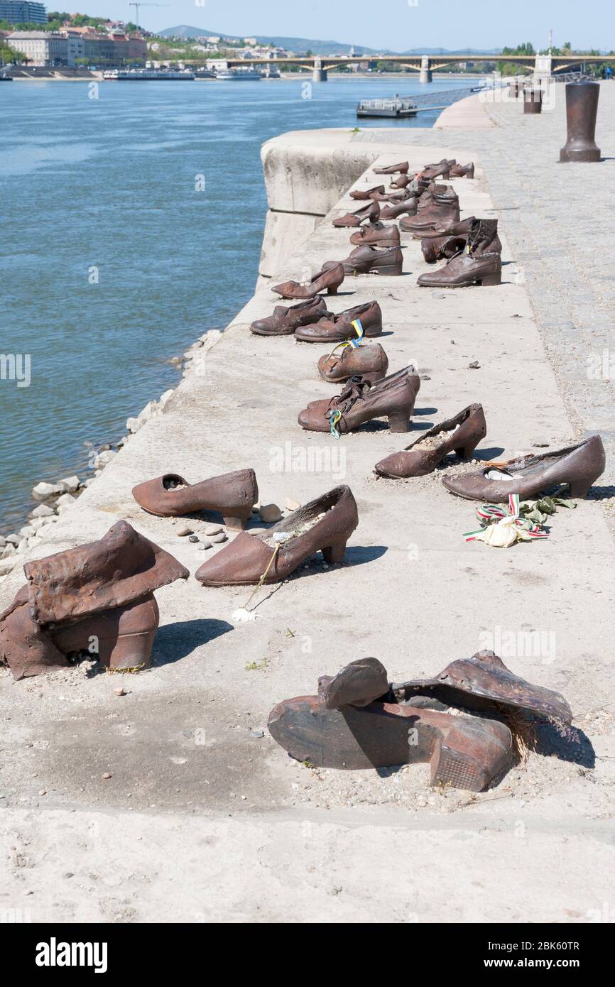 BUDAPEST, HUNGARY - APRIL 01, 2020: Iron shoes memorial to Jewish ...